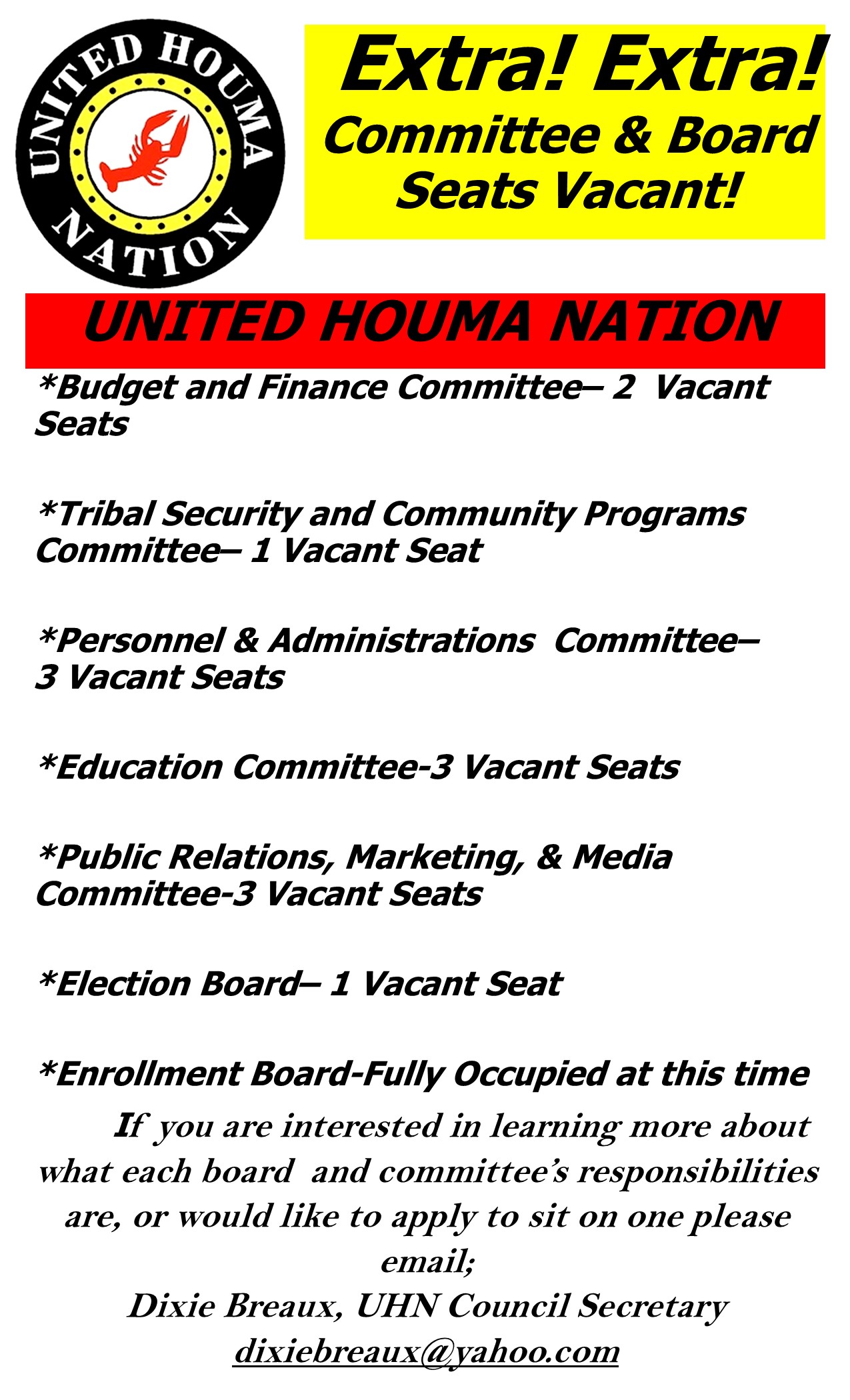 Tribal Council Seeking Qualified Applicants for Vacant Boards and ...
