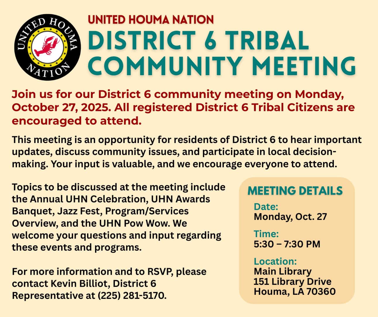 District 6 Tribal Community Meeting Set for Monday, October 27 in Houma ...
